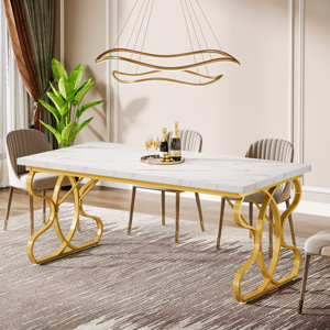 Mercer41 63" Large Modern Rectangle Dining Table Seats for 4-6 People, White and Gold | Wayfair